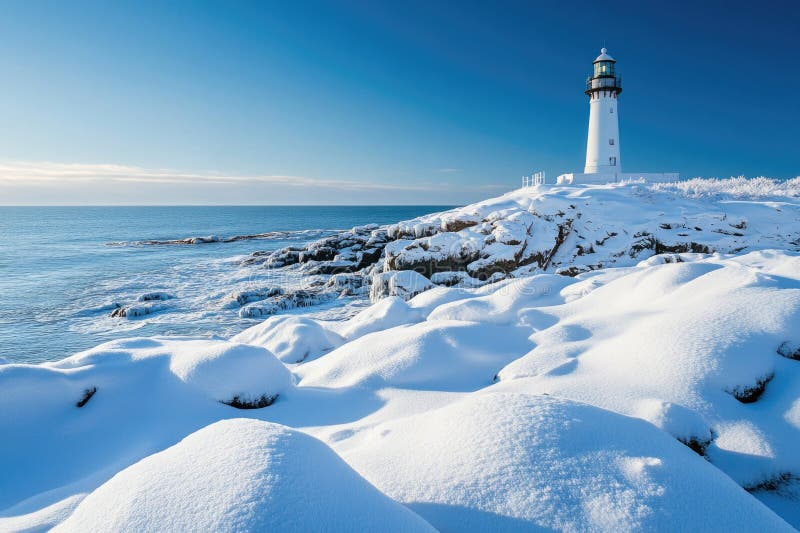 A Lighthouse Covered in Snow by the Winter Sea Stock Image - Image of ...