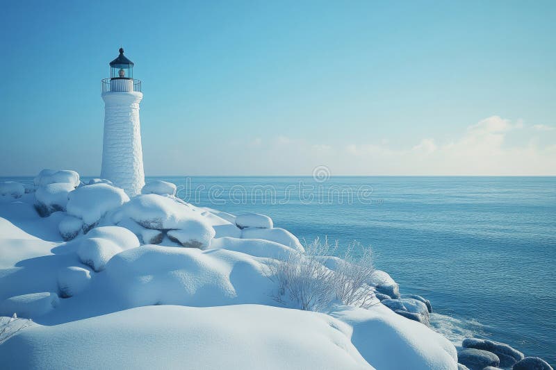 A Lighthouse Covered in Snow by the Winter Sea Stock Image - Image of ...