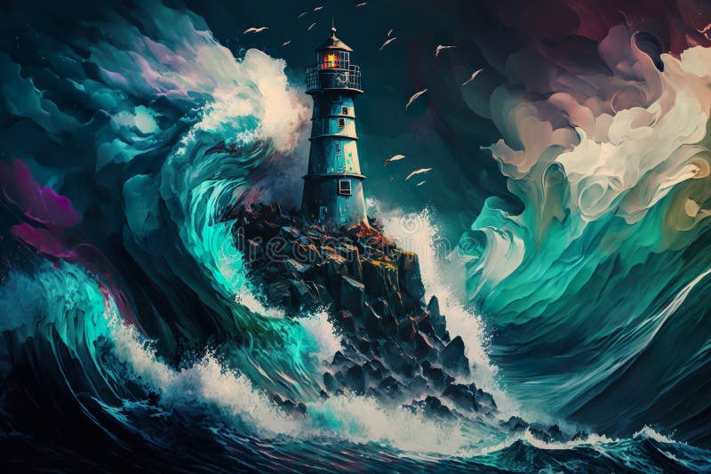 Lighthouse with Decaying Paint Massive Waves Crashing and Splashing ...