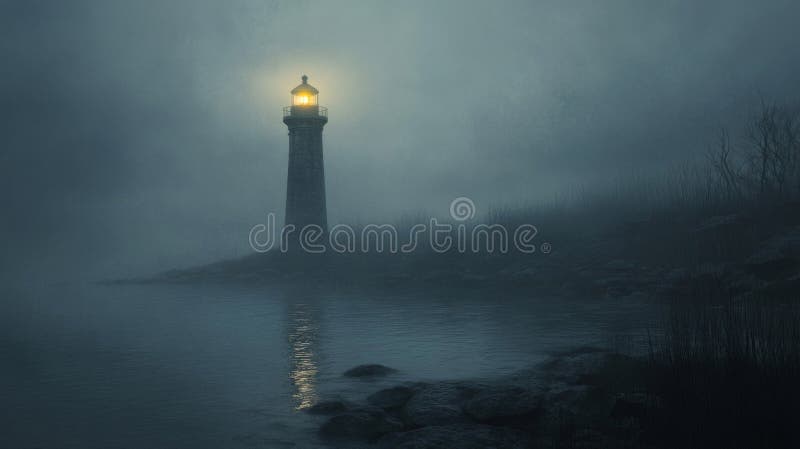 Lighthouse in Dense Fog at Night Stock Illustration - Illustration of ...