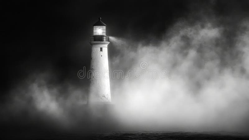 Lighthouse in Dense Fog at Night Stock Illustration - Illustration of ...