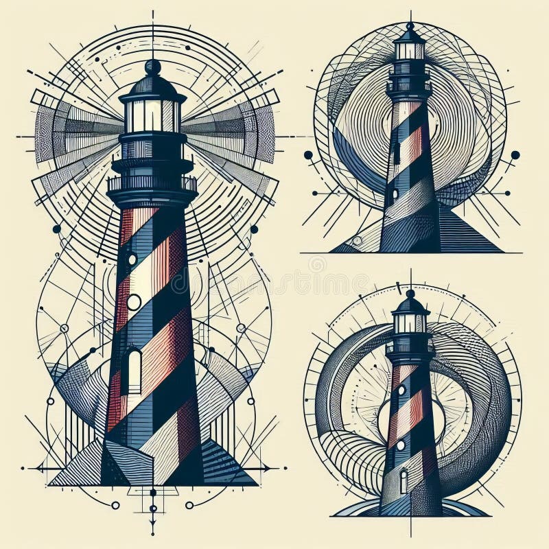Lighthouse Designs Rendered with Geometric Patterns and Lines Co Stock ...