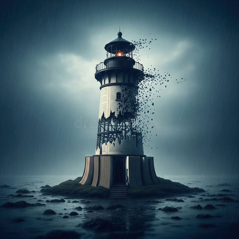 A Lighthouse Dissolving in the Rain in a Gloomy Storm. Stock Image ...