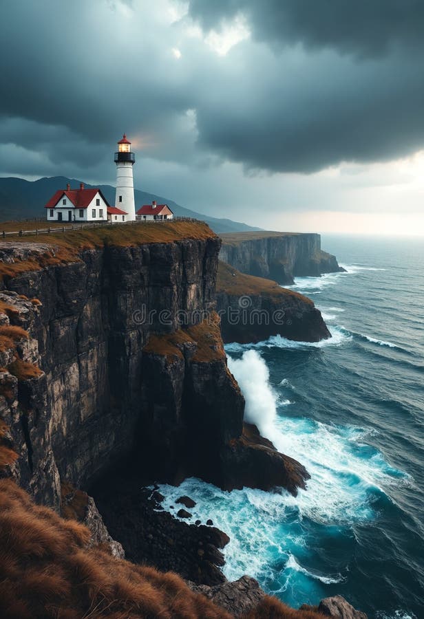 Lighthouse on Dramatic Coastal Cliffs with Ocean Waves and Stormy Sky ...