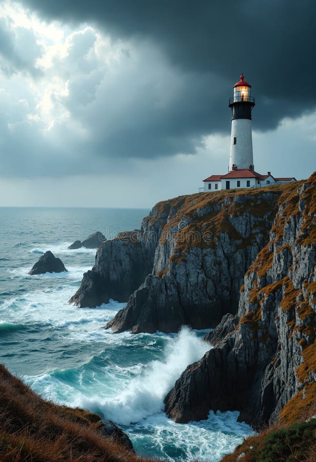 Lighthouse on Dramatic Coastal Cliffs with Ocean Waves and Stormy Sky ...