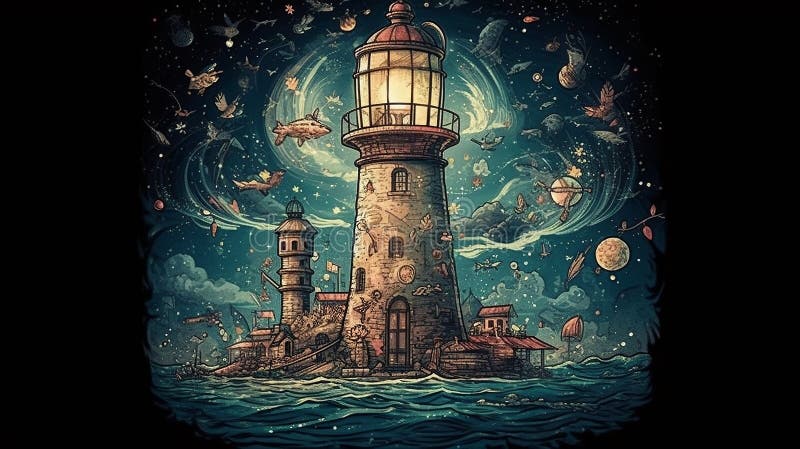Lighthouse Drawing at Night Generative AI Stock Illustration ...