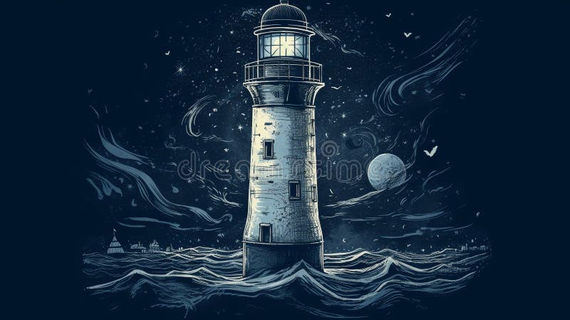 Lighthouse Drawing at Night Generative AI Stock Illustration ...