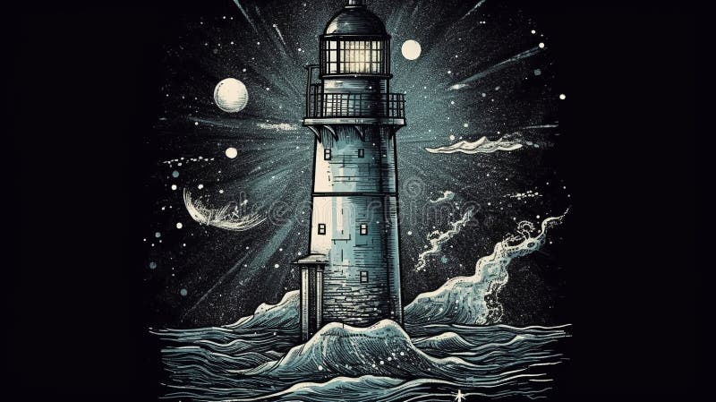 Lighthouse Drawing at Night Generative AI Stock Illustration ...