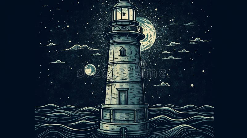Lighthouse Drawing at Night Generative AI Stock Illustration ...