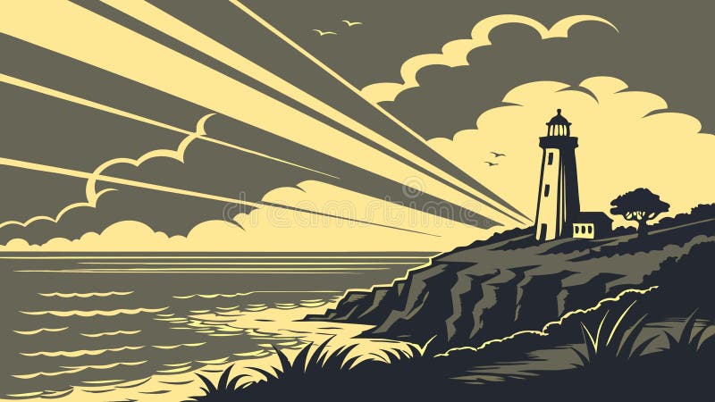 Lighthouse at Dusk with Sun Rays, Coastal Landscape Scene Vector Design ...