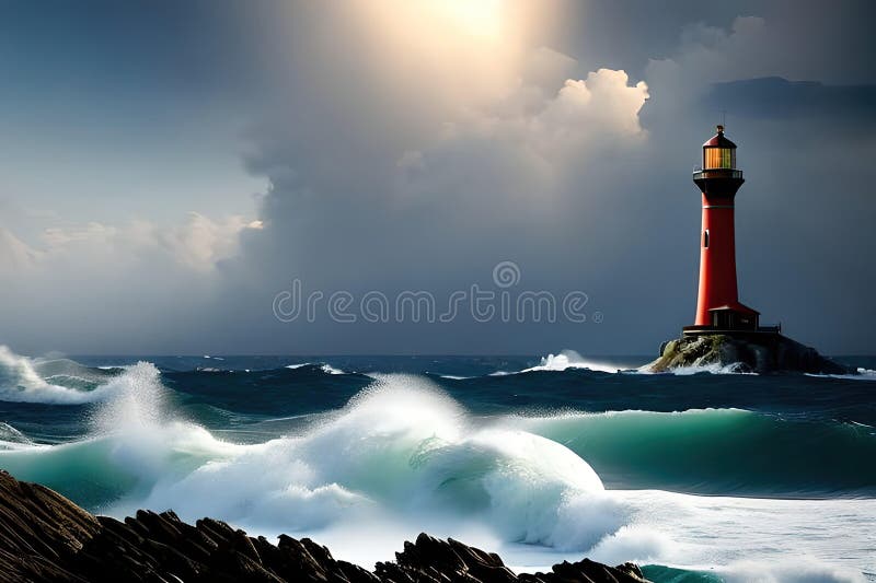 Lighthouse and Rough Sea Around, Storm with High Sea Waves. Generative ...