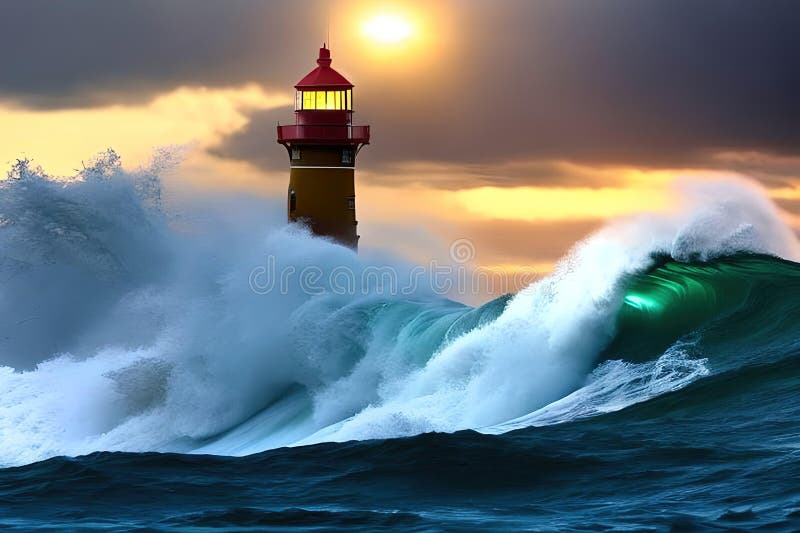 Lighthouse on the Edge of a Rough Sea with Waves Stock Illustration ...