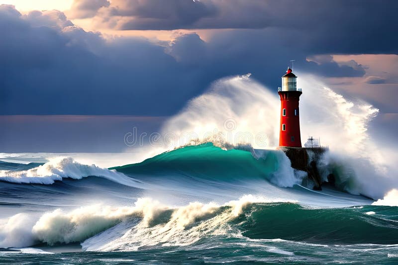 Lighthouse on the Edge of a Rough Sea with Waves Stock Illustration ...