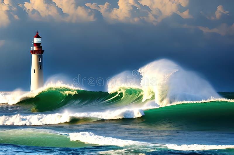 Lighthouse and Rough Sea Around, Storm with High Sea Waves. Generative ...
