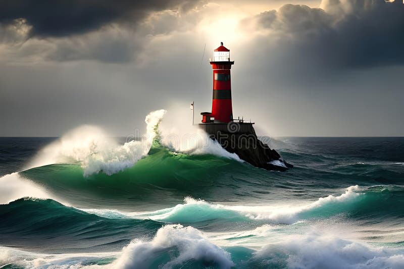Lighthouse on the Edge of a Rough Sea with Waves Stock Illustration ...