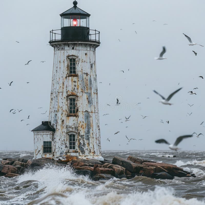 A Rustic Lighthouse Stands Resilient Against Stormy Waves and Seagulls ...