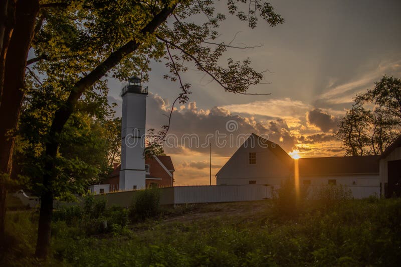 Lighthouse Erie Good Night Sun Stock Image - Image of trees, reflection ...