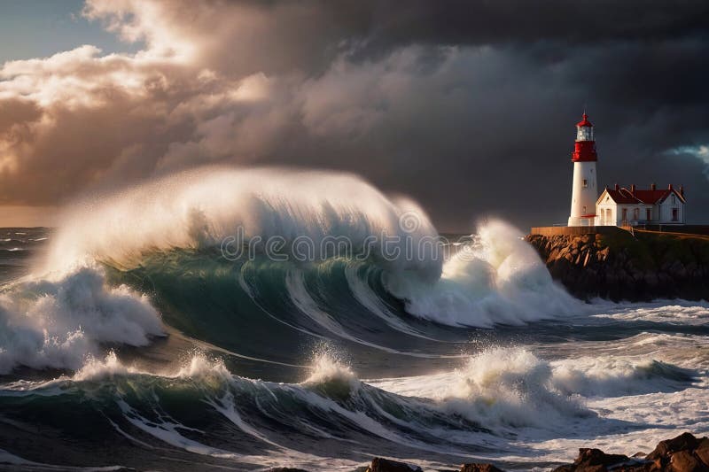 Lighthouse in Fierce Storm Hit by Huge Waves Stock Illustration ...
