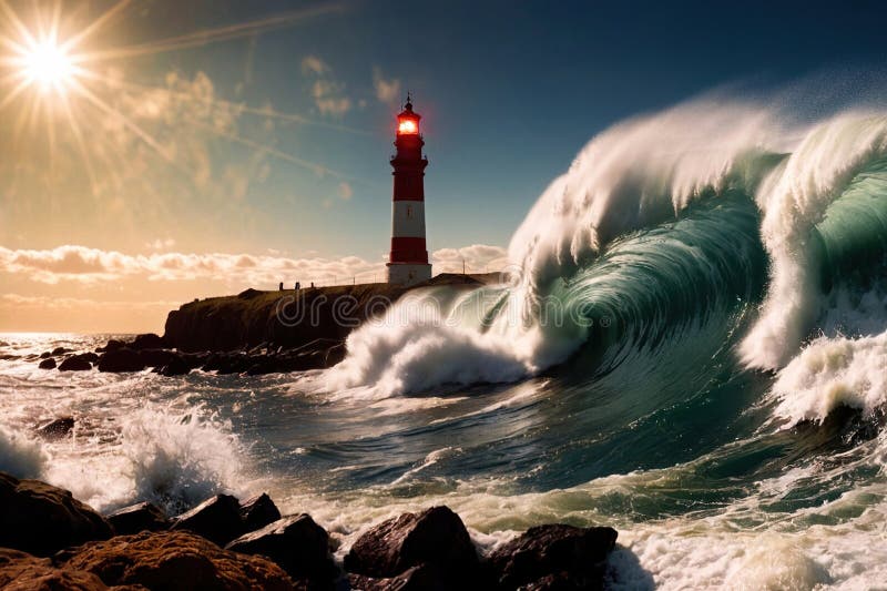 Lighthouse in Fierce Storm Hit by Huge Waves Stock Illustration ...