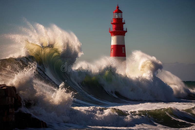 Lighthouse in Fierce Storm Hit by Huge Waves Stock Illustration ...