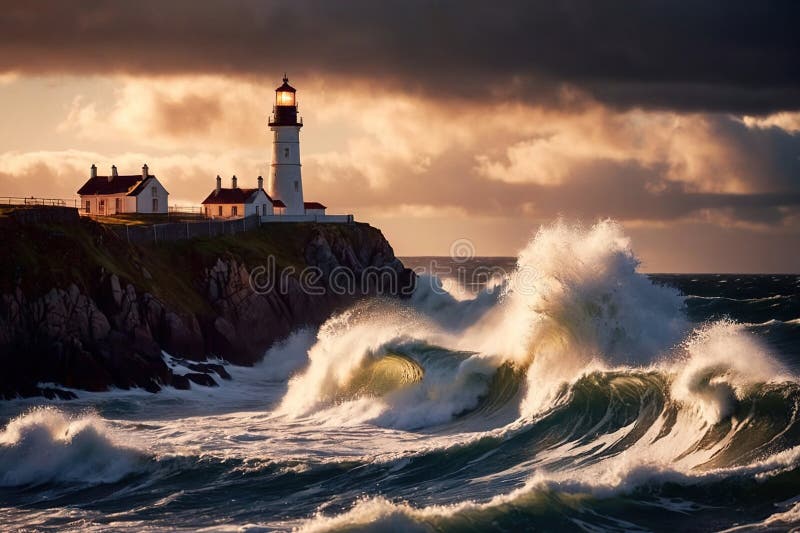 Lighthouse in Fierce Storm Hit by Huge Waves Stock Illustration ...