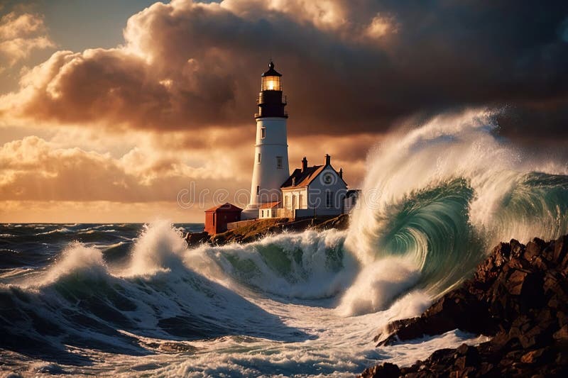 Lighthouse in Fierce Storm Hit by Huge Waves Stock Illustration ...