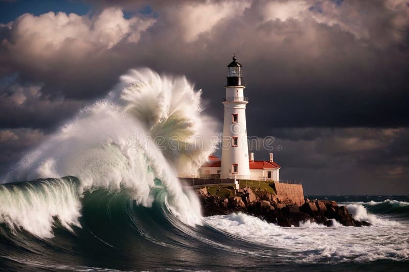 Lighthouse in Fierce Storm Hit by Huge Waves Stock Illustration ...