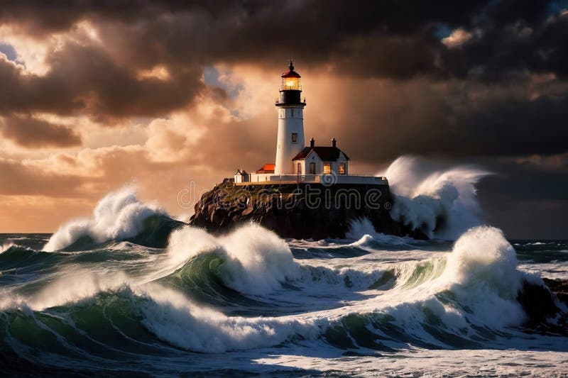 Lighthouse in Fierce Storm Hit by Huge Waves Stock Illustration ...