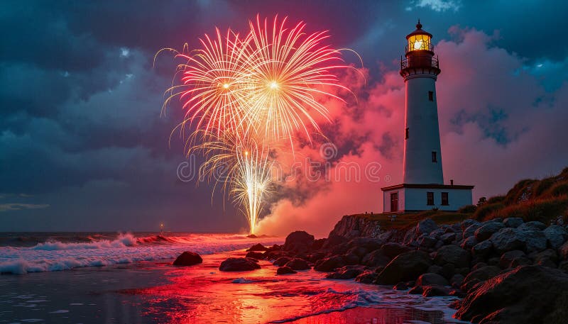 Lighthouse Beach Fireworks Celebration Night Stock Photos - Free ...