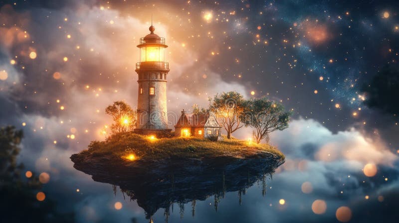 Lighthouse on a Floating Island at Night Stock Illustration ...