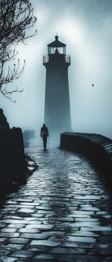Lighthouse in Fog with a Person Walking Along a Path Stock Photo ...