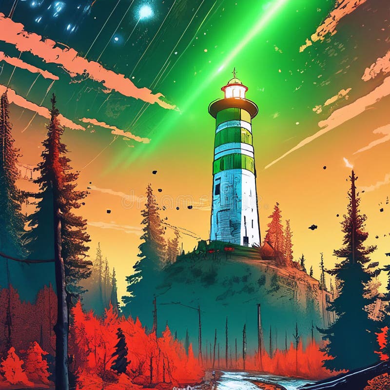 Lighthouse in the Forest at Night. Stock Illustration - Illustration of ...