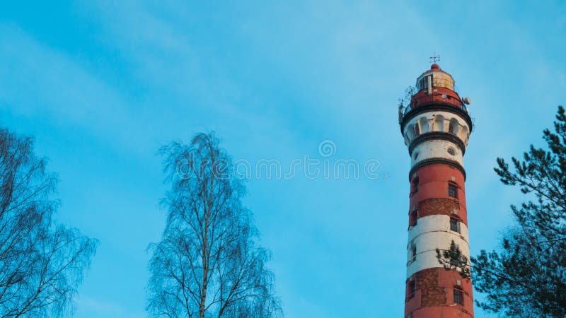 Lighthouse in the Forest among the Trees. Red and White Lighthouse ...