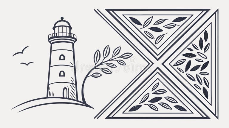 Lighthouse and Geometric Pattern with Olive Branches, Vector Design ...