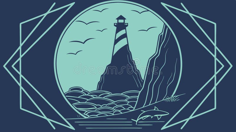 Lighthouse with Geometric Waves and Frame, Vector Design Generative AI ...
