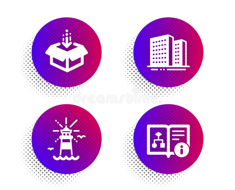 Lighthouse, Get Box and Buildings Icons Set. Technical Algorithm Sign. Vector Stock Vector ...