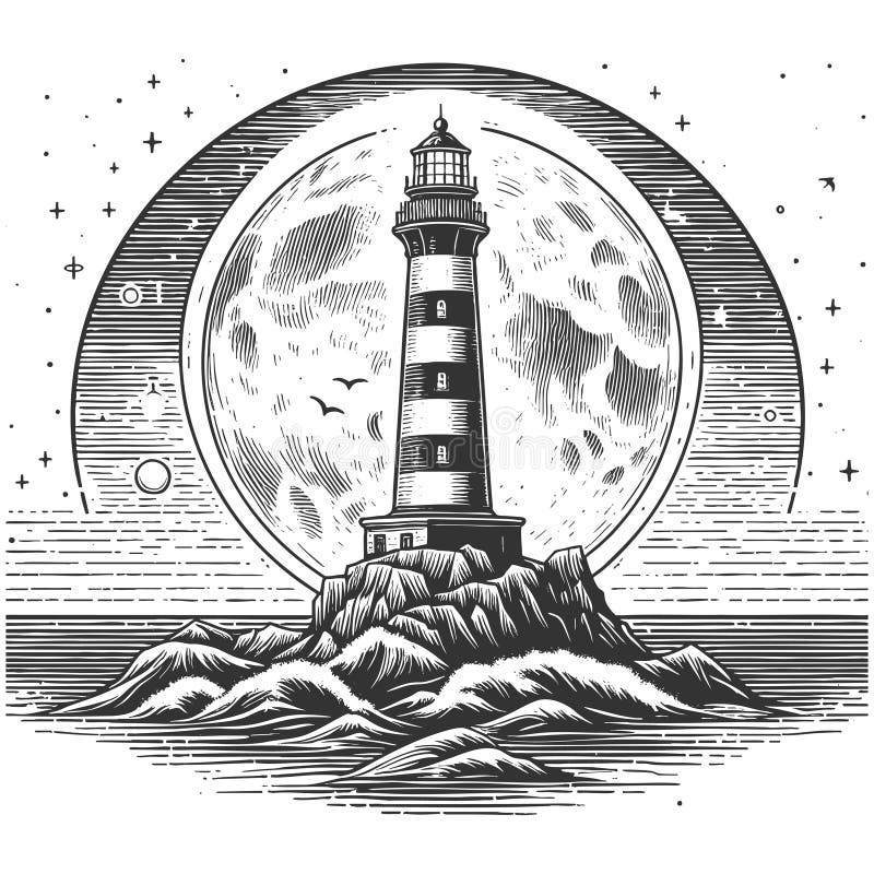 Lighthouse with Giant Moon in Background Raster Stock Photo - Image of ...