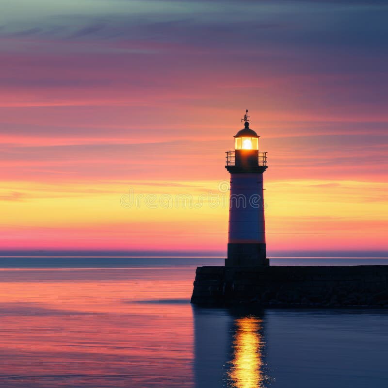 Lighthouse Glowing at Sunset Over Calm Waters Stock Photo - Image of ...