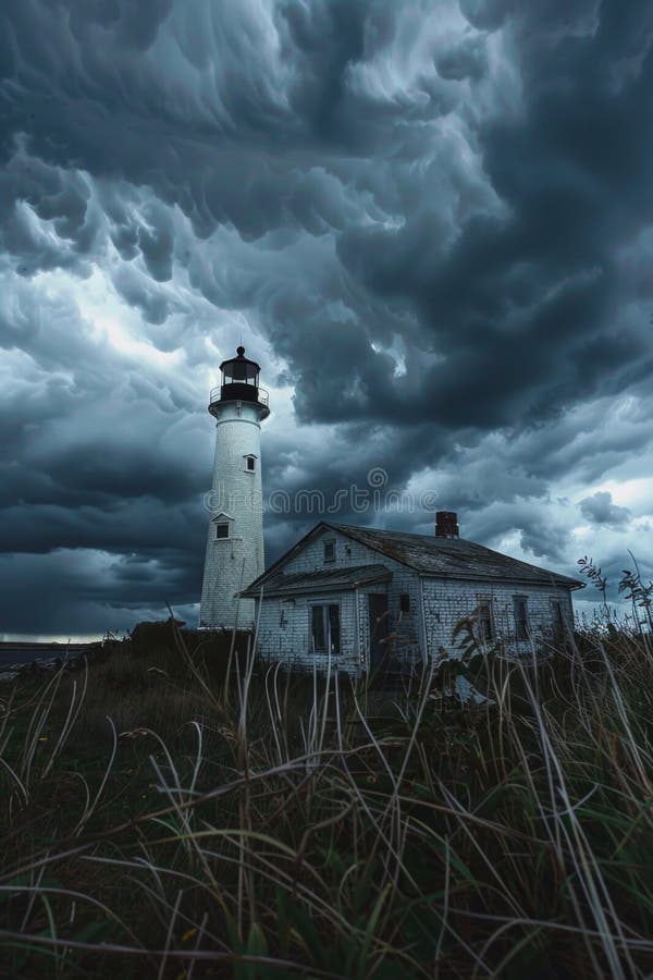 Lighthouse on grassy field stock photo. Image of guidance - 377655744
