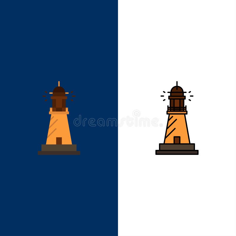 Lighthouse, House, Light, Beach, Ocean Icons. Flat and Line Filled Icon ...