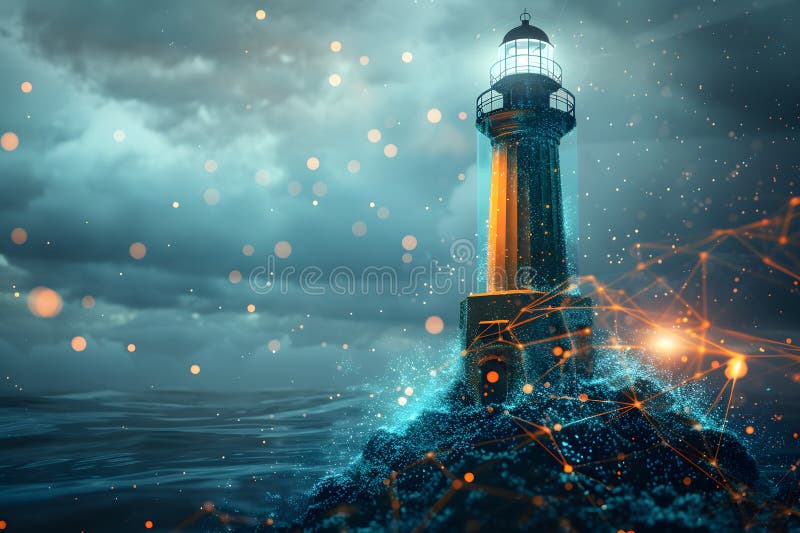 Lighthouse Guiding through a Digital Storm Stock Photo - Image of waves ...