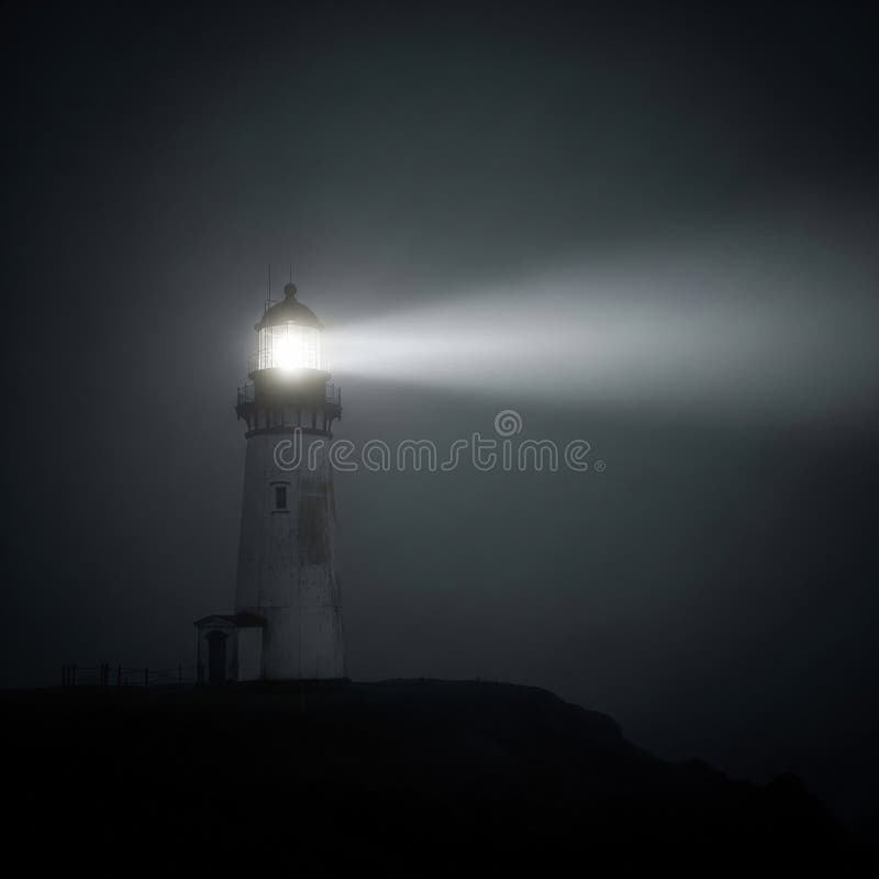 A Lighthouse that Illuminates the Way in the Thick Night Fog. Space for ...