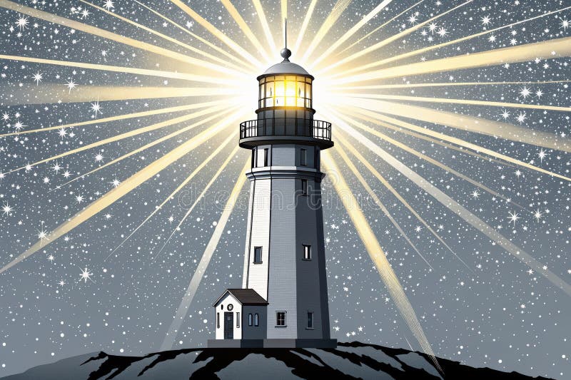 Lighthouse Illuminating Night Sky with Starburst Rays and Sparkling ...