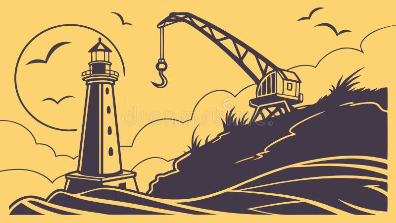 Lighthouse with Industrial Crane on Coast Vector Art, Vector Design ...