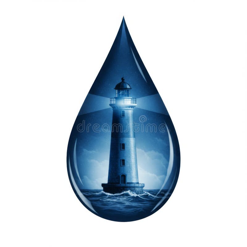 Lighthouse Inside Water Drop Towering Over Ocean Waves at Night Time ...
