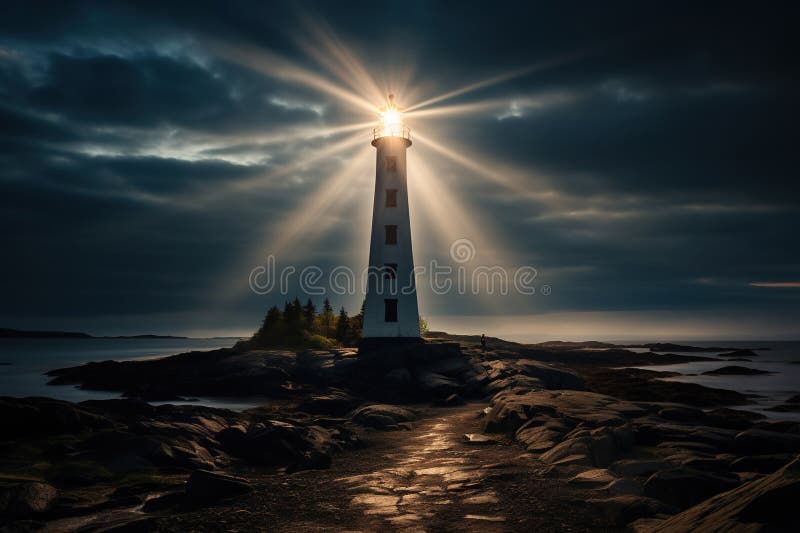 Lighthouse on the Island in the Bright Rays. Generated by Artificial ...