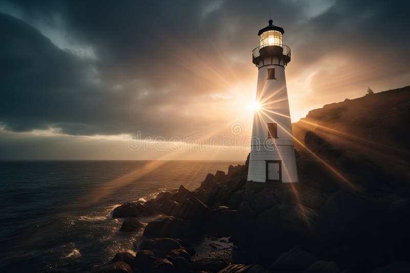 Lighthouse on the Island in the Bright Rays of Sunset or Dawn ...
