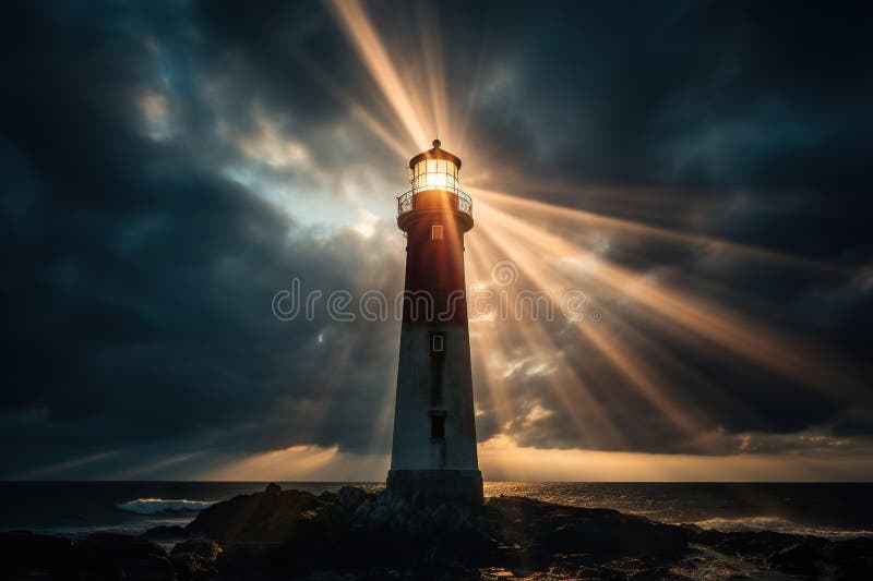 Lighthouse on the Island in the Bright Rays of Sunset or Dawn ...