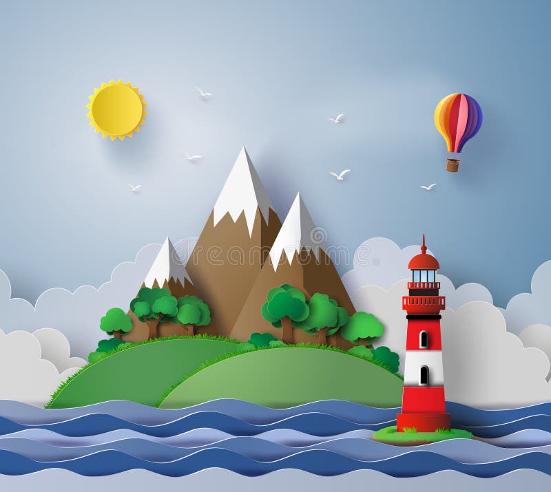 Lighthouse with Island and Seascape. Stock Vector - Illustration of ...