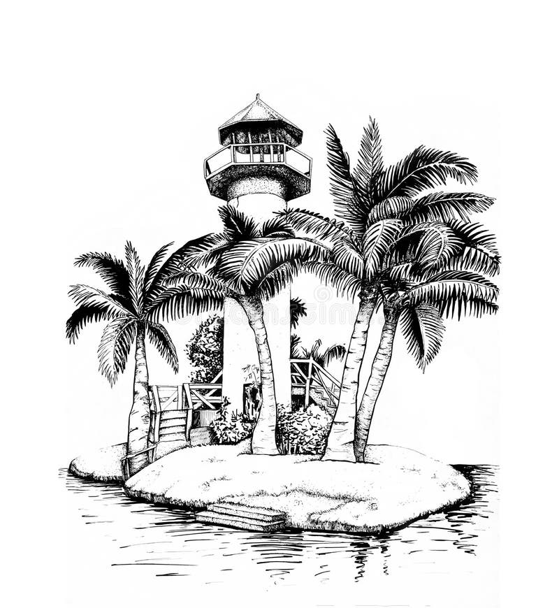 Lighthouse on an Island, Surrounded by Palm Trees. Stock Illustration ...